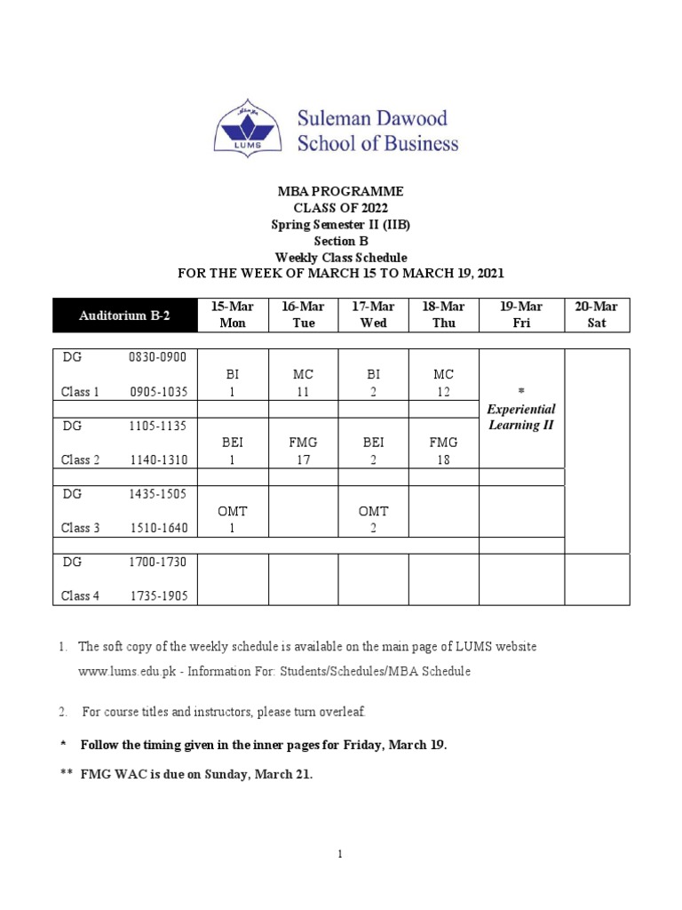 Weekly Schedule of MBA 2022 SIIB Week 1 Section B | PDF | Economies ...