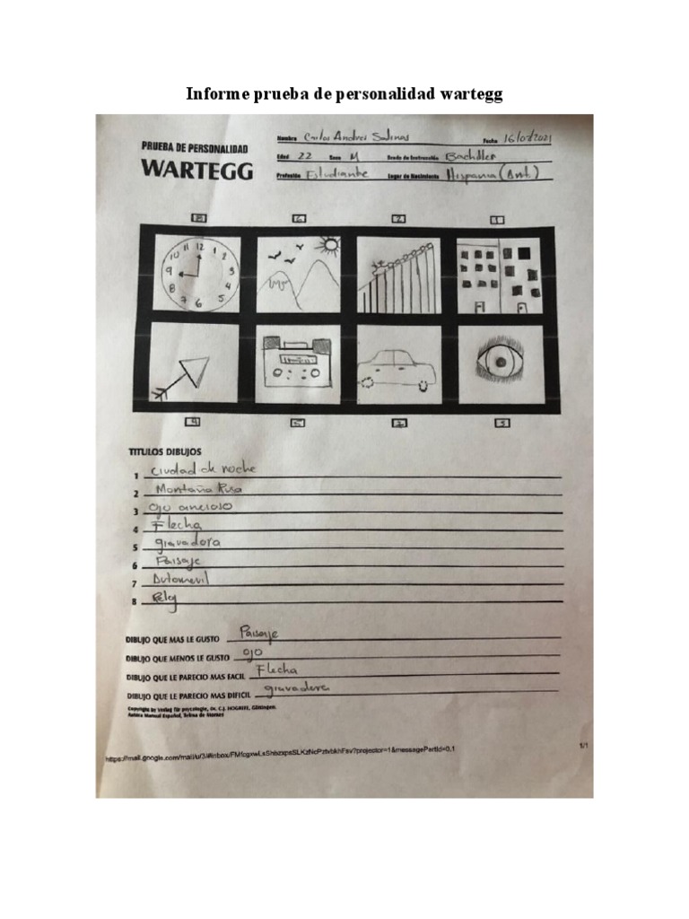 Informe Prueba de Personalidad Wartegg | PDF | Dibujo | La naturaleza ...