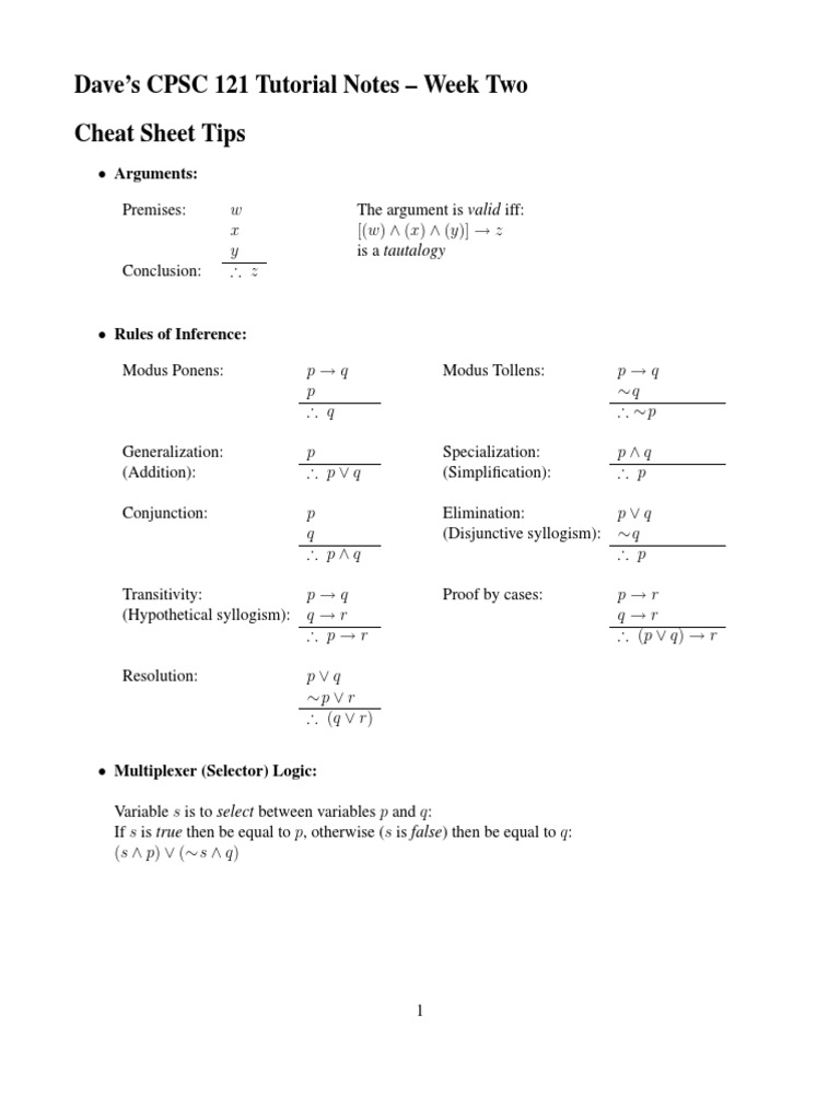 Daves Cpsc 121 Tutorial Notes Week Two Cheat Sheet Tips Pdf Deductive Reasoning Argument 
