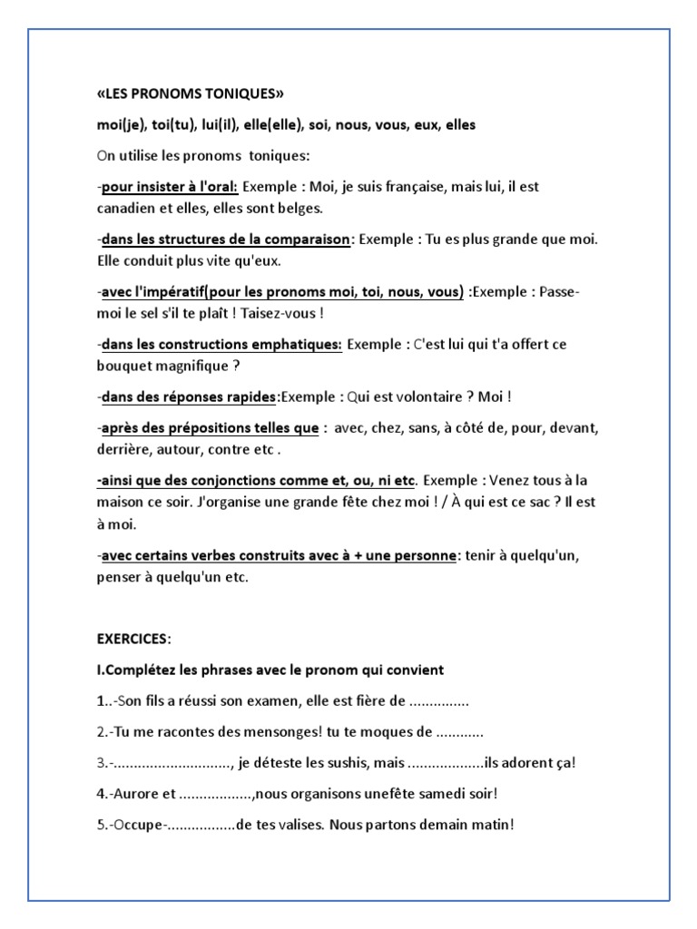 Les Pronoms Toniques | PDF | Grammaire | Linguistique