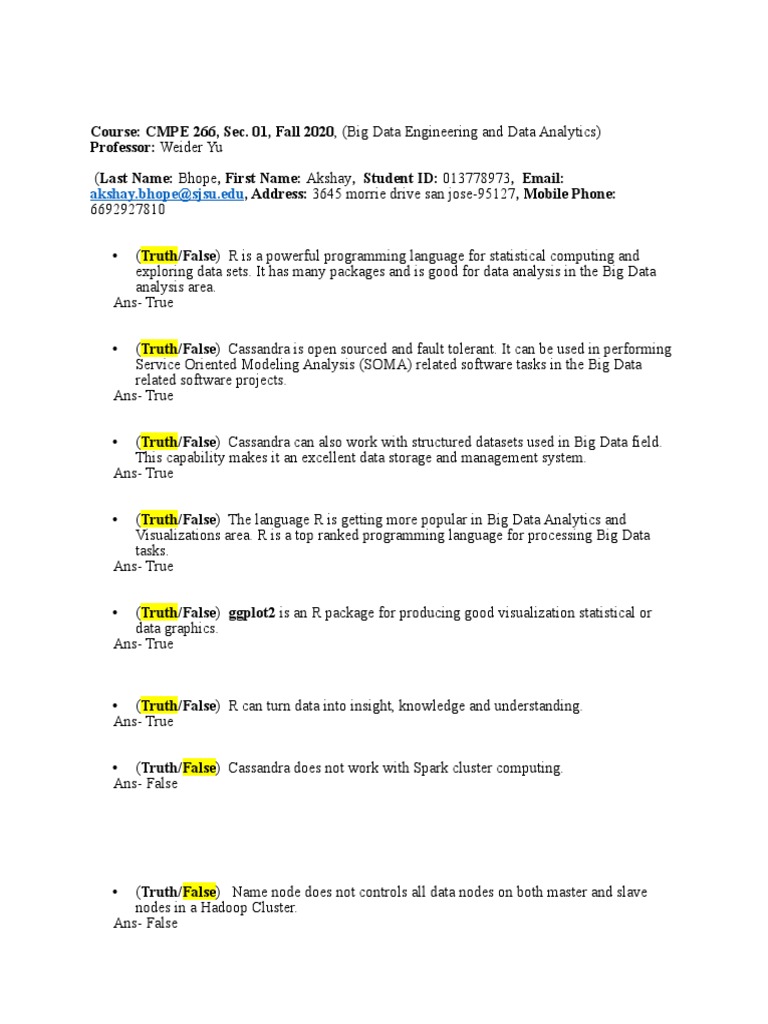 CMPE 266 - Mid Exam Final | PDF | Big Data | Data Analysis