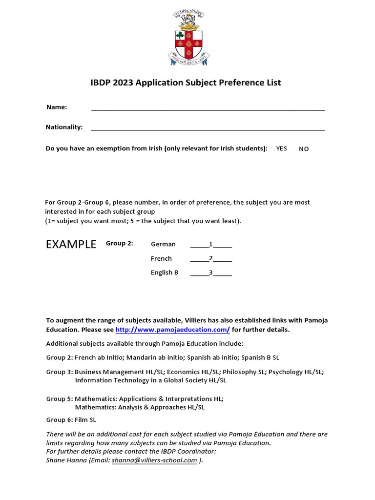 Example: IBDP 202 3 Application Subject Preference List | PDF | Further ...