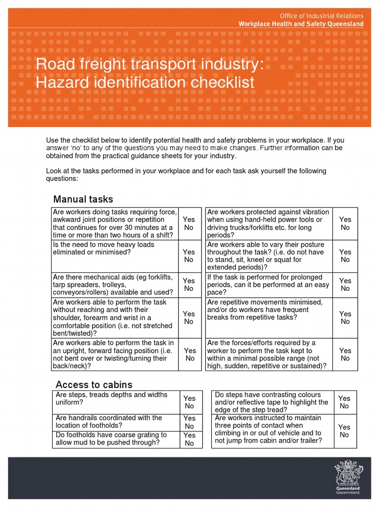 Road Freight Transport Industry: Hazard Identification Checklist | PDF ...