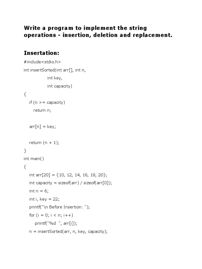 Write A Program To Implement The String Operations - Insertion, Deletion and Replacement ...