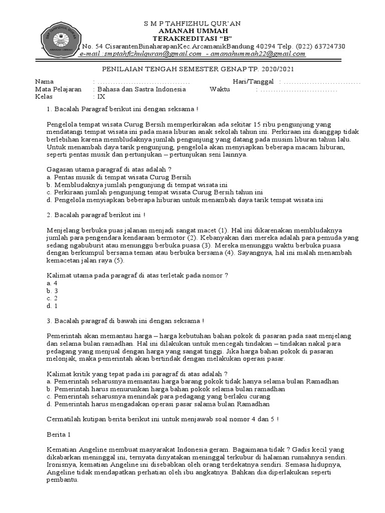 Soal PTS Genap Bahasa Indonesia Kelas Ix | PDF
