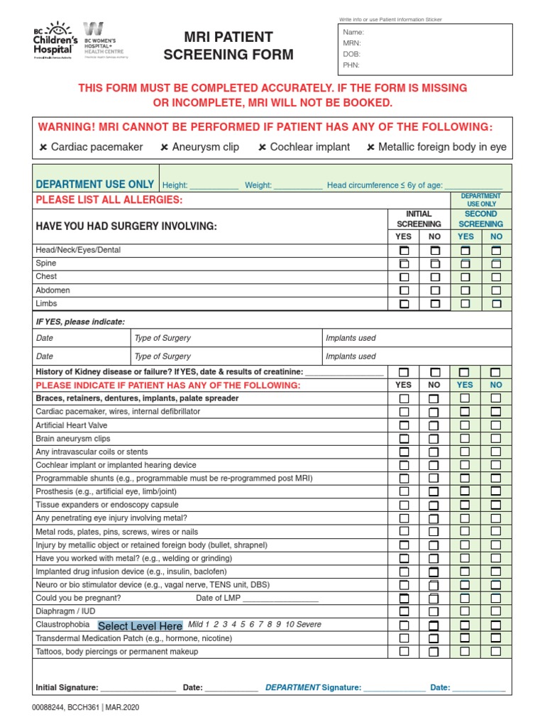 BCCH MRI Patient Screening Form | PDF | Implant (Medicine) | Artificial ...