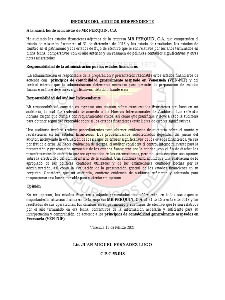 Informe Del Auditor Independiente 2 | PDF | Auditoría | Estado financiero