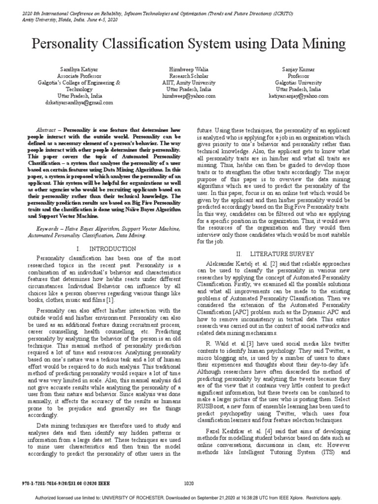 Personality Classification System Using Data Mining: Abstract - Personality Is One Feature That ...