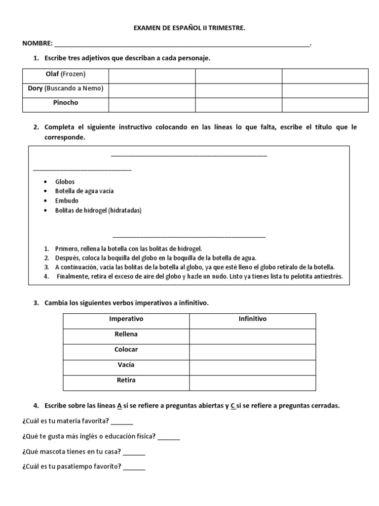 Examen de Español Ii Trimestre | PDF
