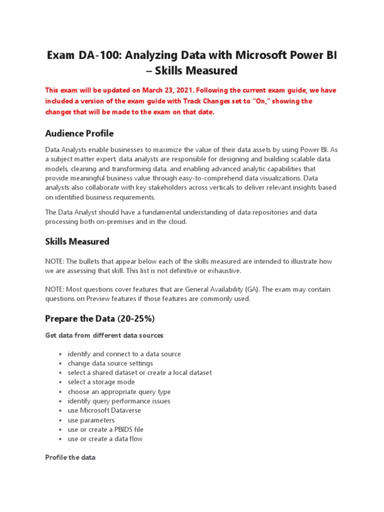 Exam Da 100 Analyzing Data With Microsoft Power Bi Skills Measured