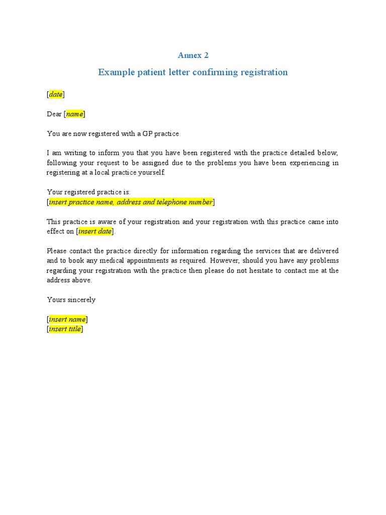2 Example Patient Letter Confirming Registration | PDF