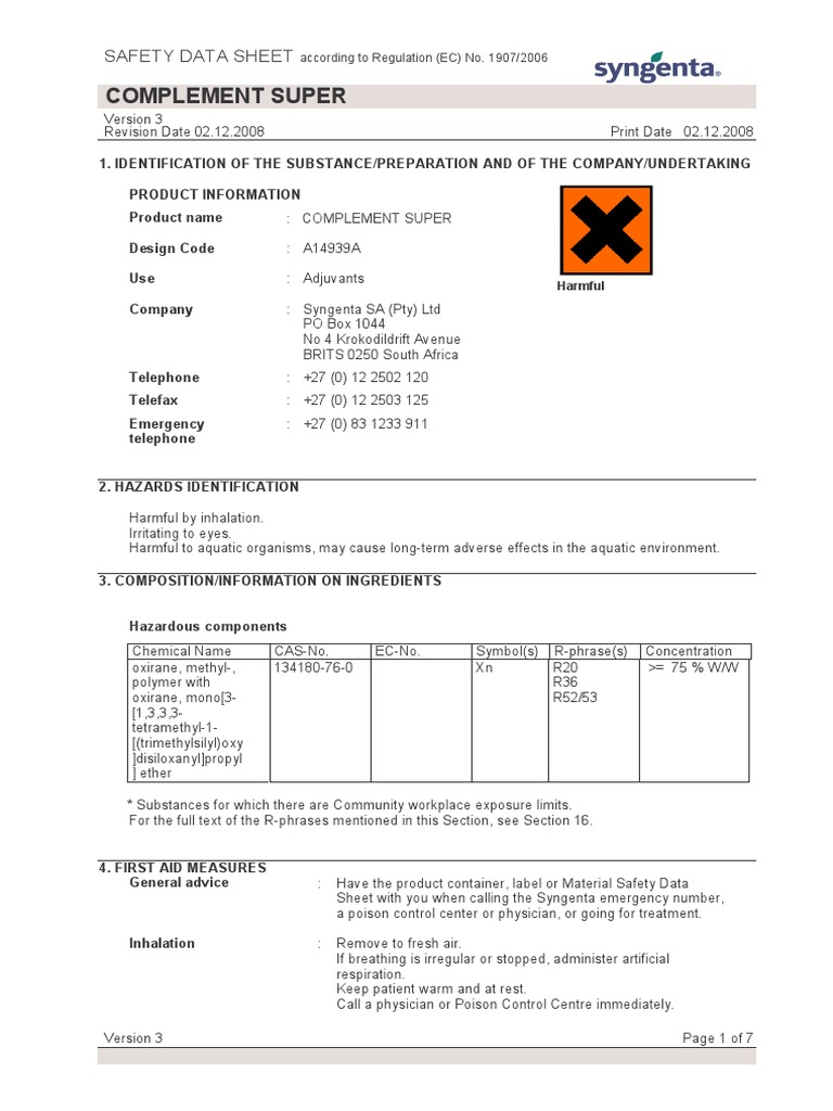 Complement Super: Safety Data Sheet | PDF | Toxicity | Personal Protective Equipment