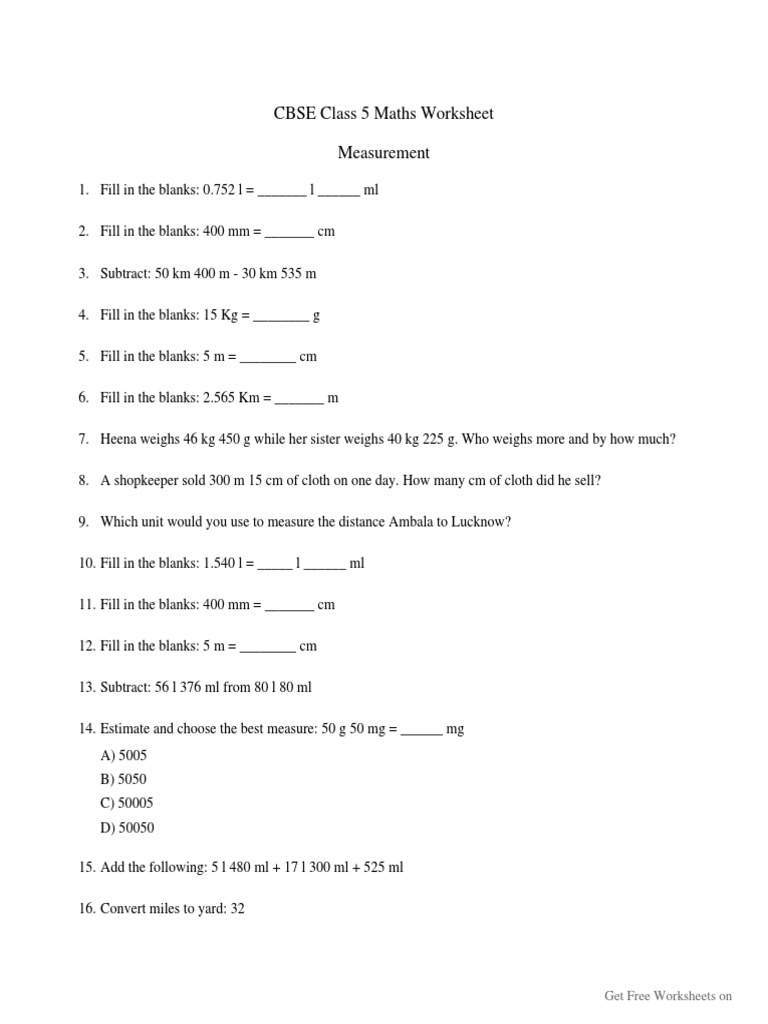 CBSE Class 5 Maths Worksheet Measurement: Get Free Worksheets On | PDF