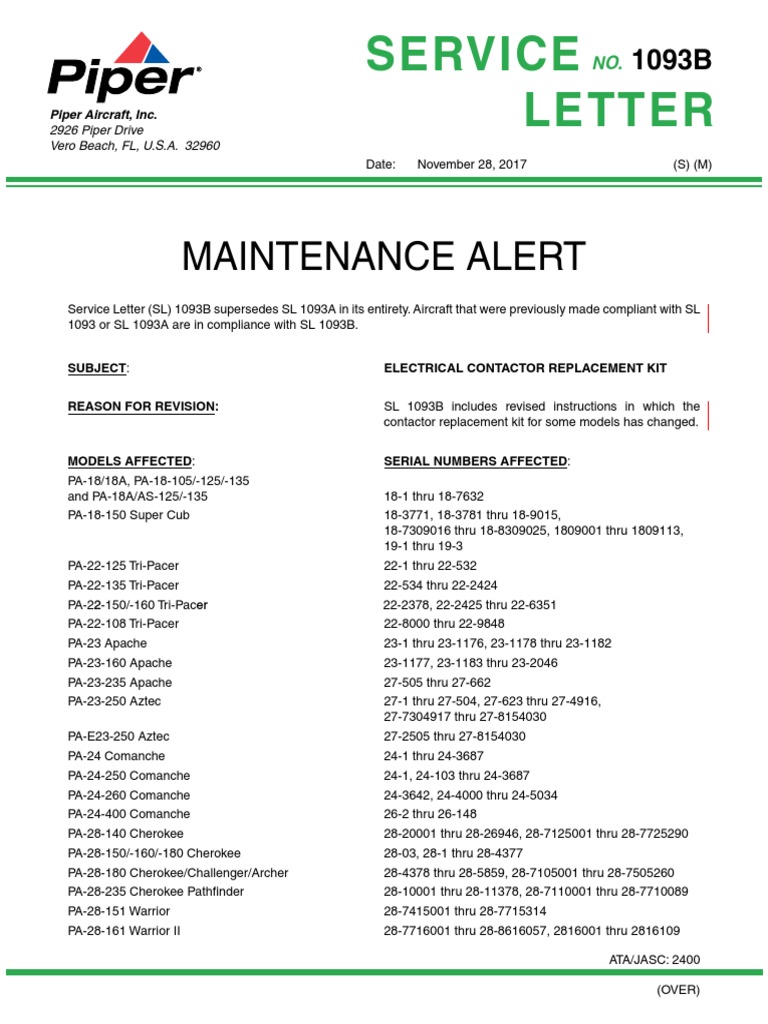 Piper SL 1093B - Electrical Contactor Replacement Kit | PDF | Aviation ...