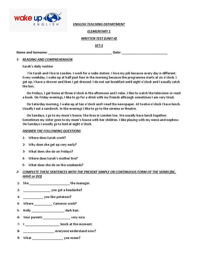 English Test Unit 4 | PDF | Lunch | Grammar