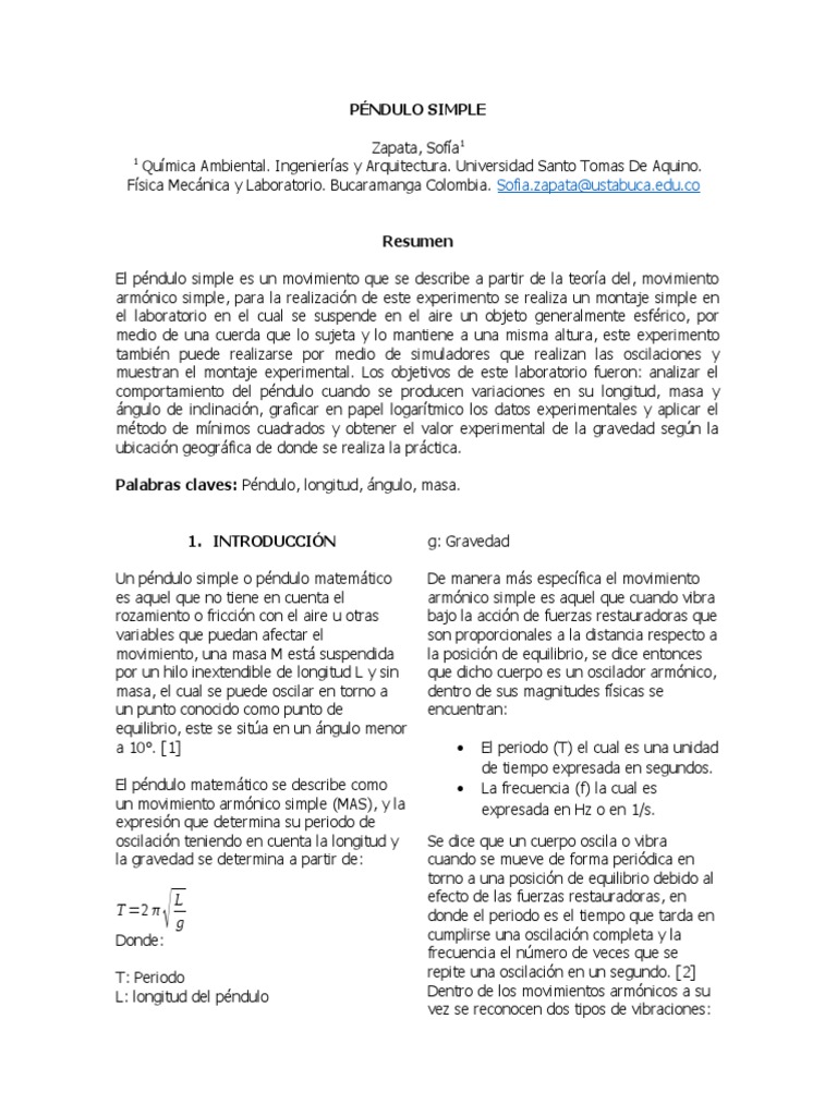 Informe Péndulo Simple | PDF | Oscilación | Péndulo