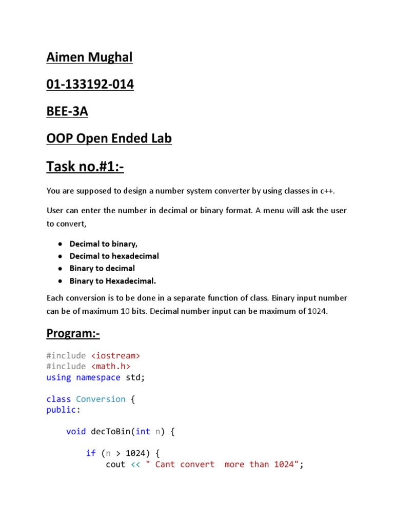 Task No.#1:-: Aimen Mughal 01-133192-014 BEE-3A OOP Open Ended Lab | PDF | Arithmetic | Software ...