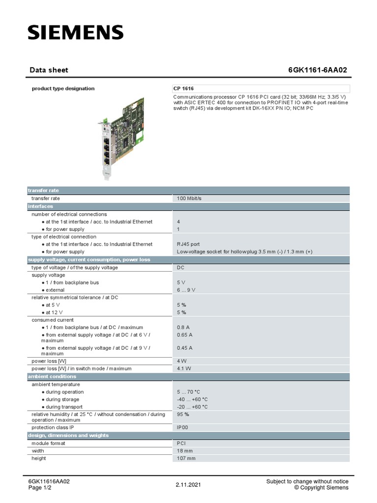 Data Sheet 6GK1161-6AA02: Product Type Designation CP 1616 | PDF ...