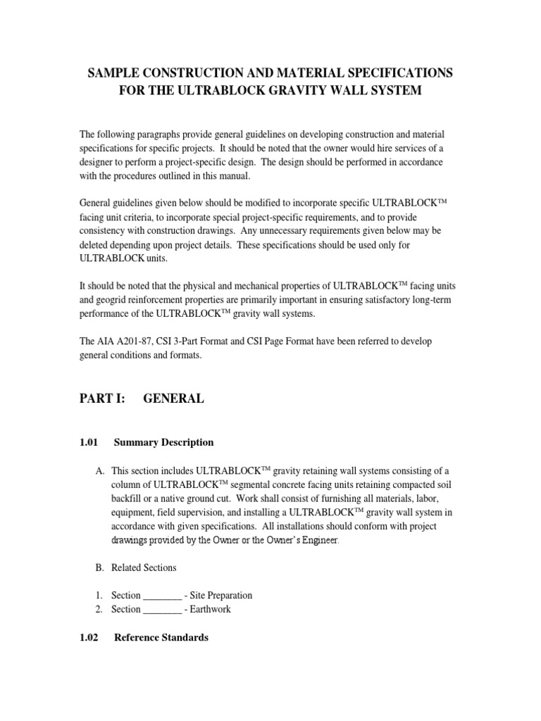 Sample Construction and Material Specifications For The Ultrablock ...