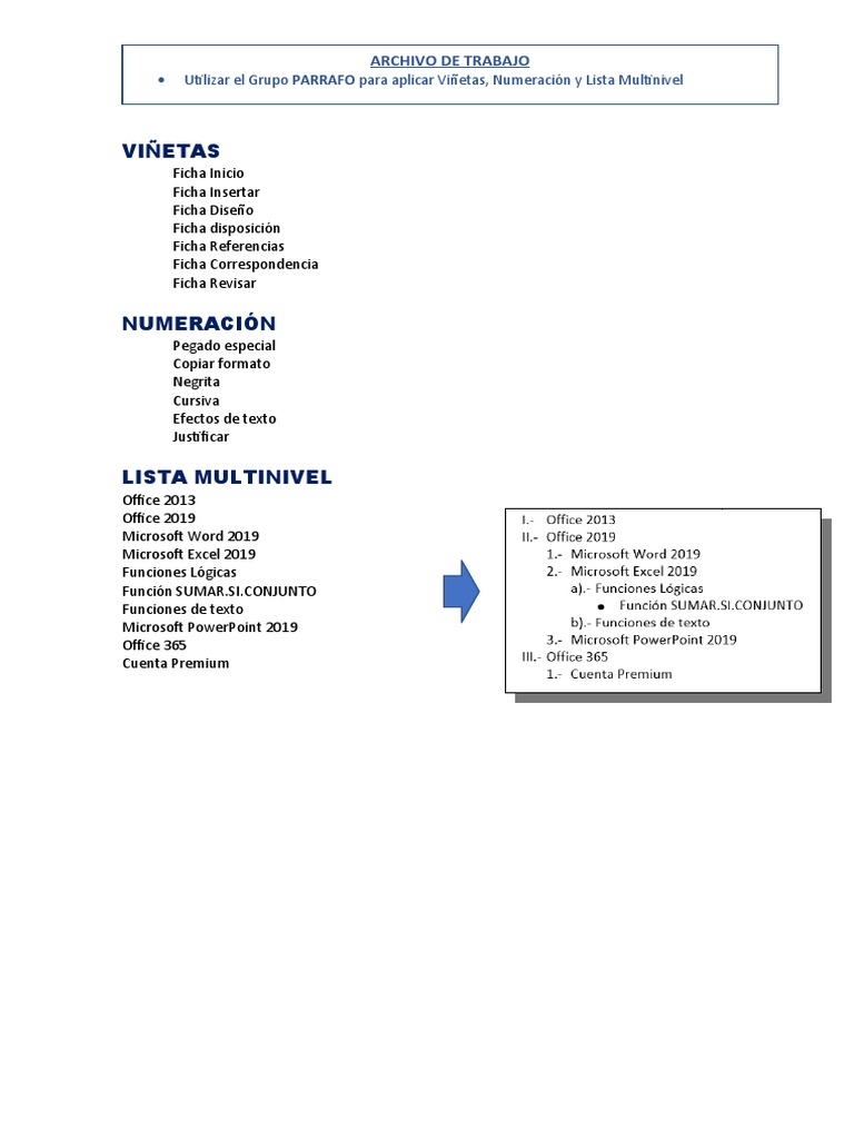 1 Tema - Ficha Inicio - Archivo de Trabajo - Numeracion, Viñetas, Lista Multinivel | PDF