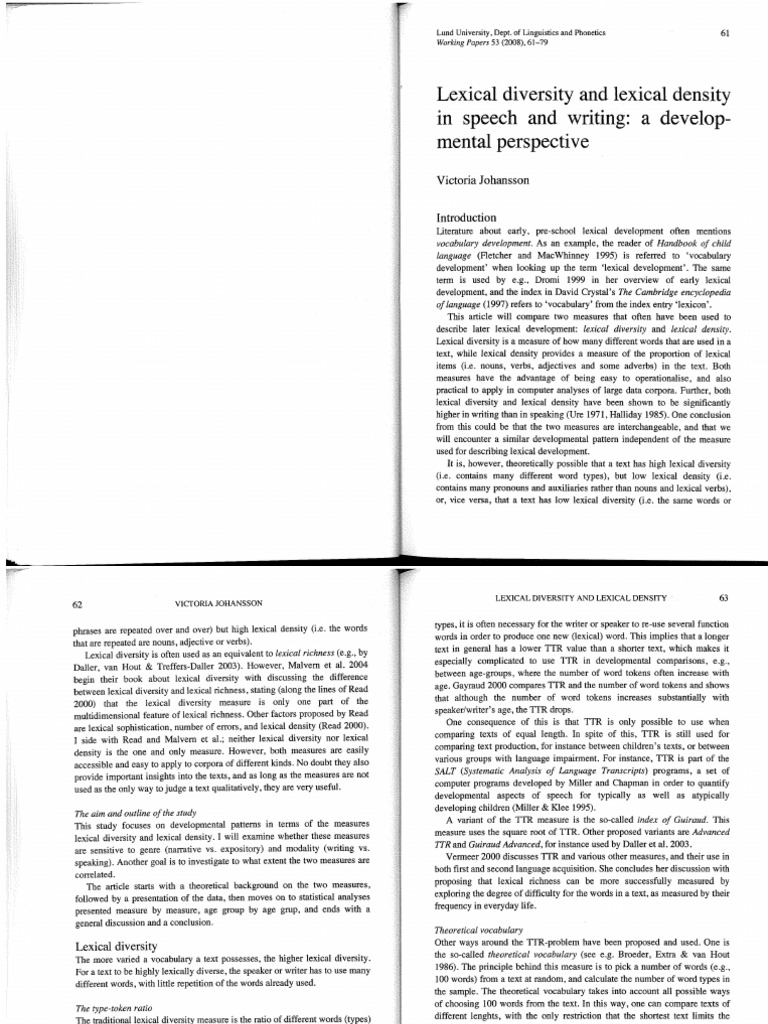 Lexical Diversity and Density in Development | PDF | Part Of Speech ...