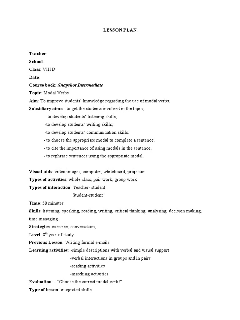 Modal Verbs Lesson Plan for Grade 8 | PDF | Lesson Plan | Teachers
