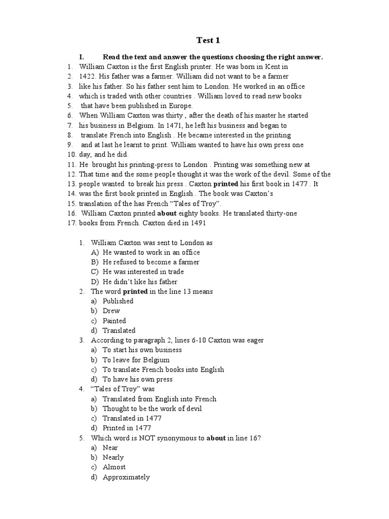 I. Read The Text and Answer The Questions Choosing The Right Answer | PDF