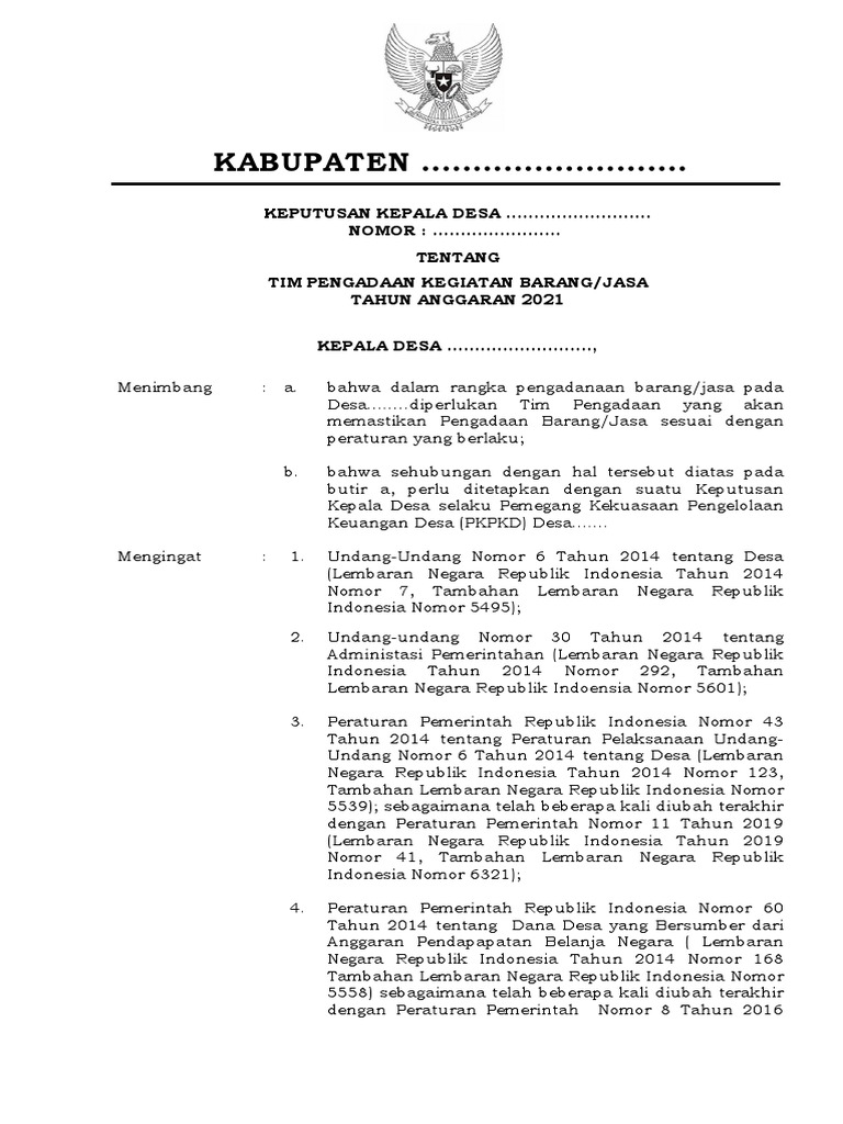 SK Tim Pengadaan Barang/Jasa Desa 2021 | PDF