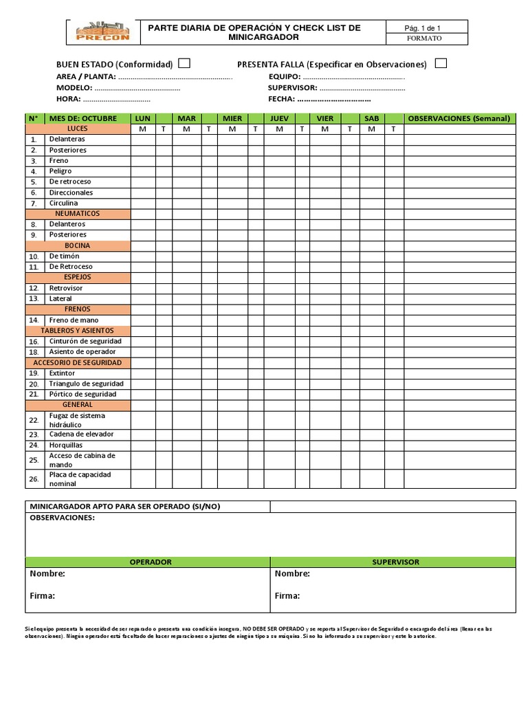 Check List - Minicargador Precon | PDF