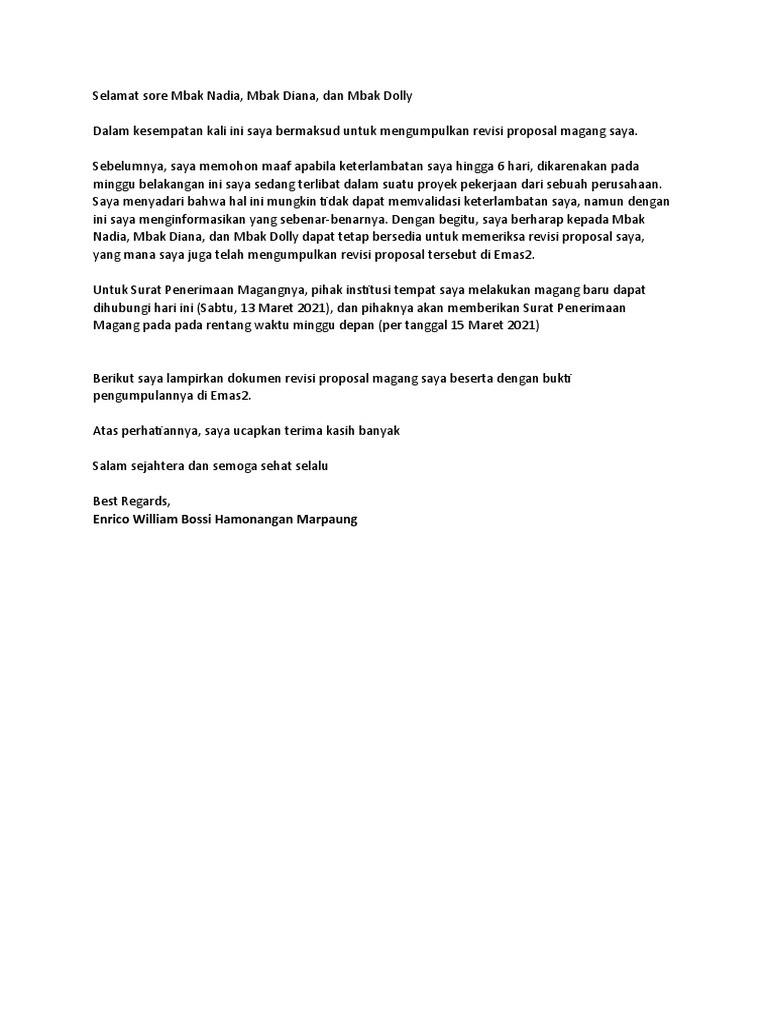 Body Email Revisi Proposal Magang | PDF