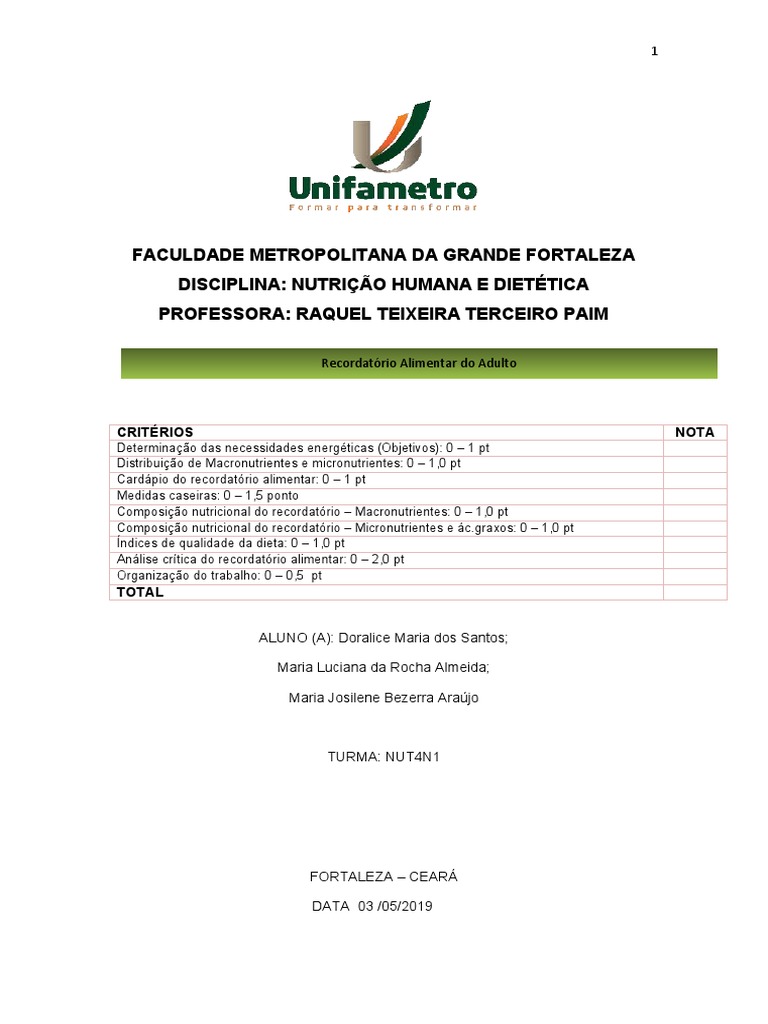 Análise do Recordatório Alimentar 24h | PDF | Lipídio | Comidas e bebidas