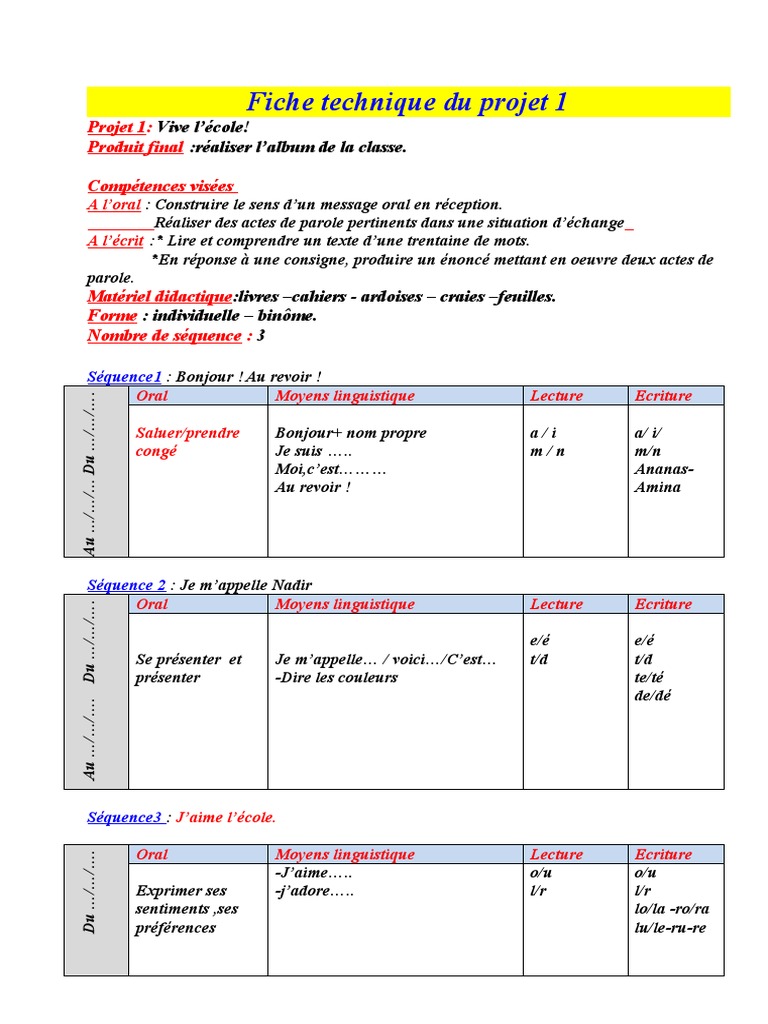 Fiche technique Projet 1: Vive l’école! | PDF | Arts du langage et ...