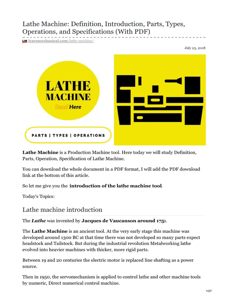 Lathe Machine: Definition, Introduction, Parts, Types, Operations, and ...