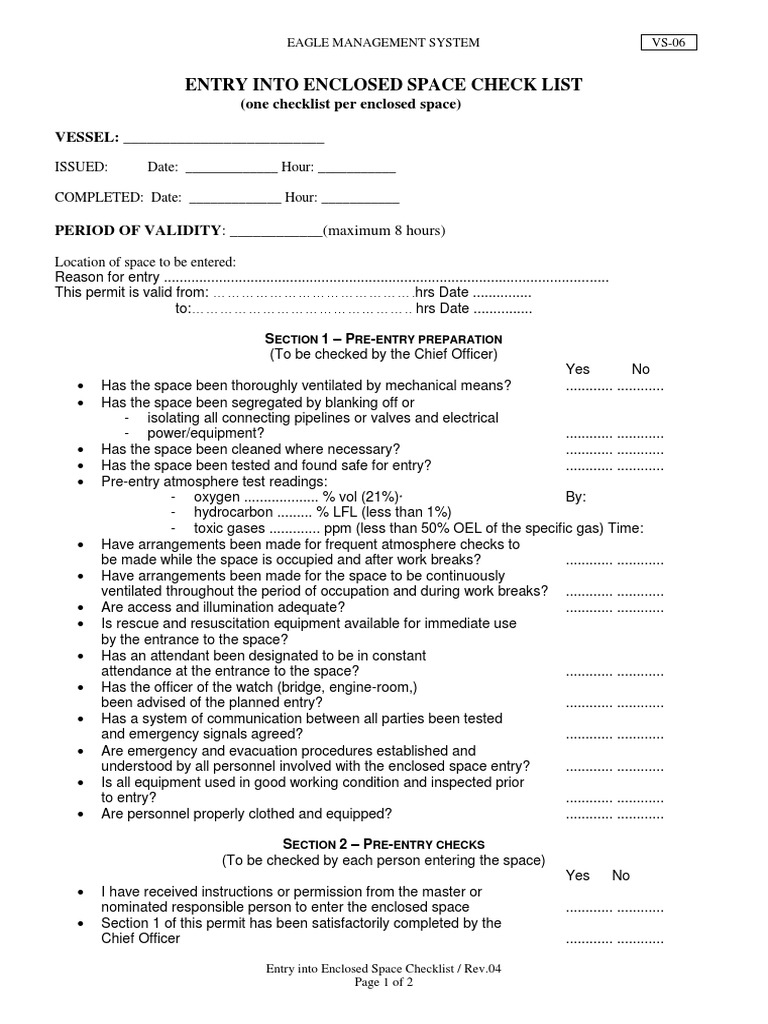 Entry Into Enclosed Space Check List | PDF | Safety | Underwater Diving