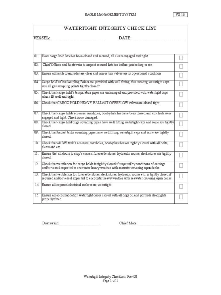 Watertight Integrity Check List: VESSEL: - DATE | PDF | Business | Home ...