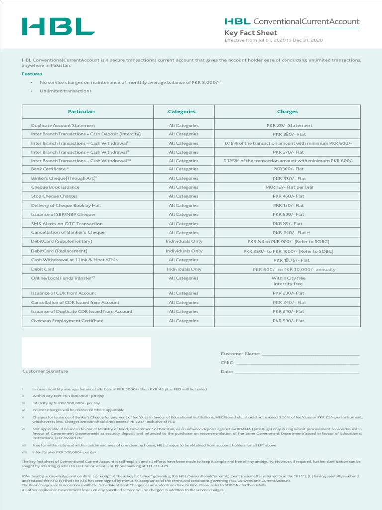 HBL Conventional CurrentAccount (Key Fact Sheet) - Jul - Dec 2020 | PDF ...