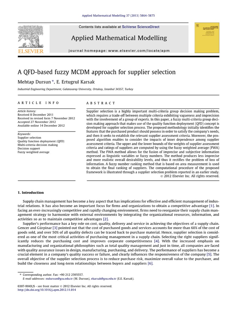 Fuzzy MCDM for Supplier Selection | PDF | Supply Chain | Decision Making