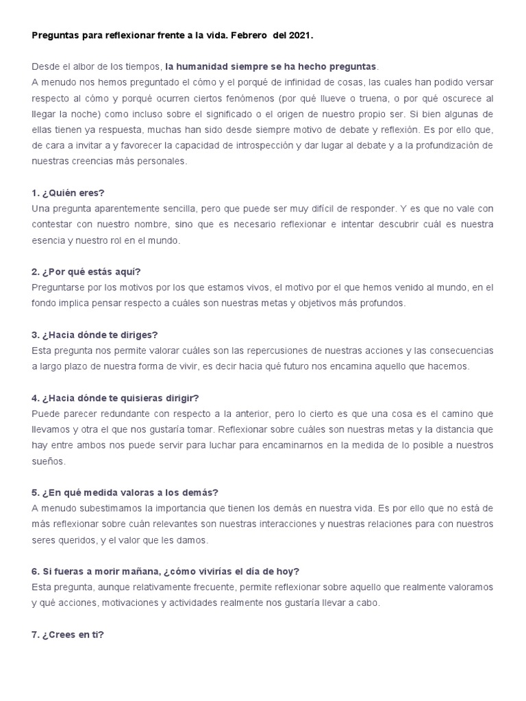 1° Preguntas para Reflexionar. | PDF | Concepto | Vida 1° Preguntas para Reflexionar. | PDF | Concepto | Vida