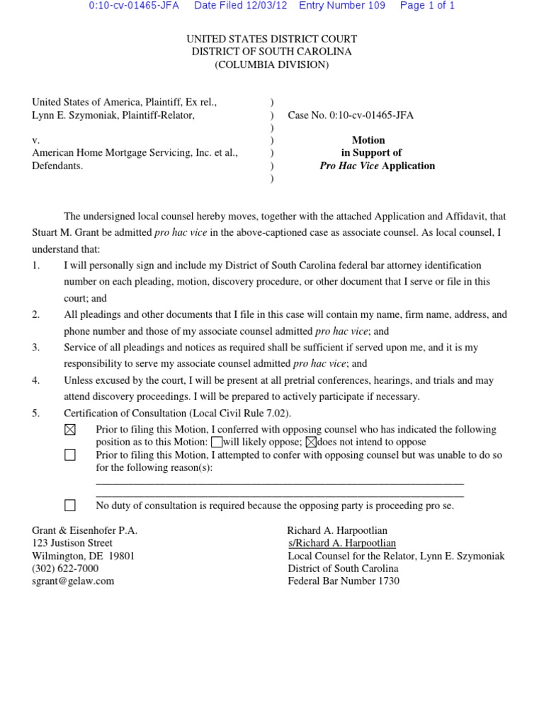 Pro Hac Vice Application: Motion | Download Free PDF | Discovery (Law ...