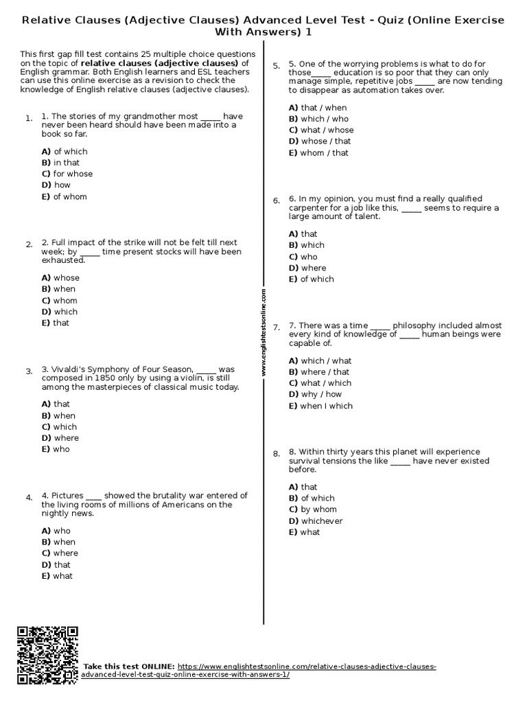 Relative Clauses (Adjective Clauses) Advanced Level Test - Quiz (Online ...