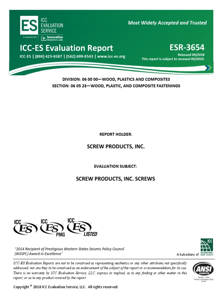 Esr 3654 | PDF | Lumber | Screw