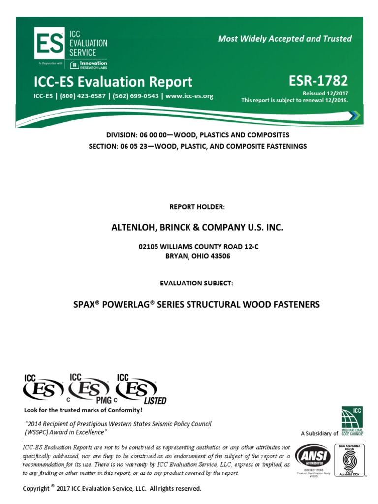 ICC ES Evaluation Report ESR 1782: Altenloh, Brinck & Company U.S. Inc ...