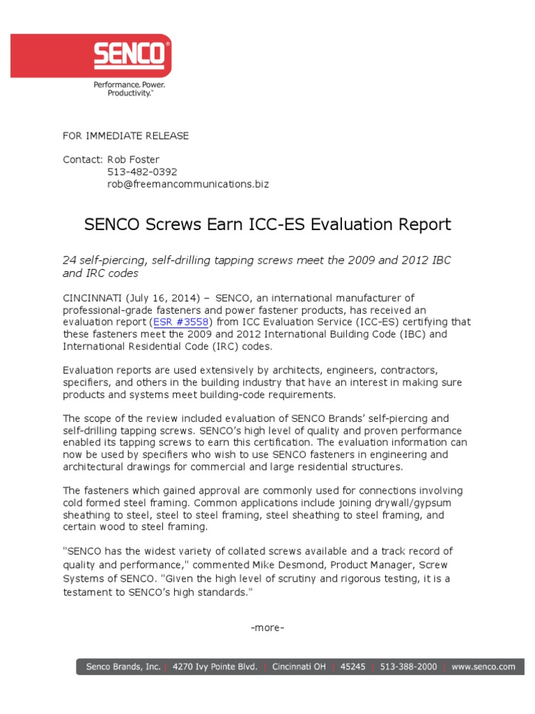 SENCO Screws Earn ICC-ES Evaluation Report | PDF | Screw | Building ...