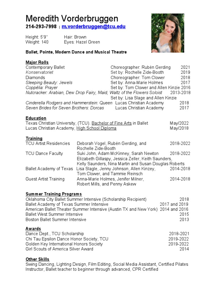 MV Dance Artist Resume | PDF | Ballet | Concert Dance