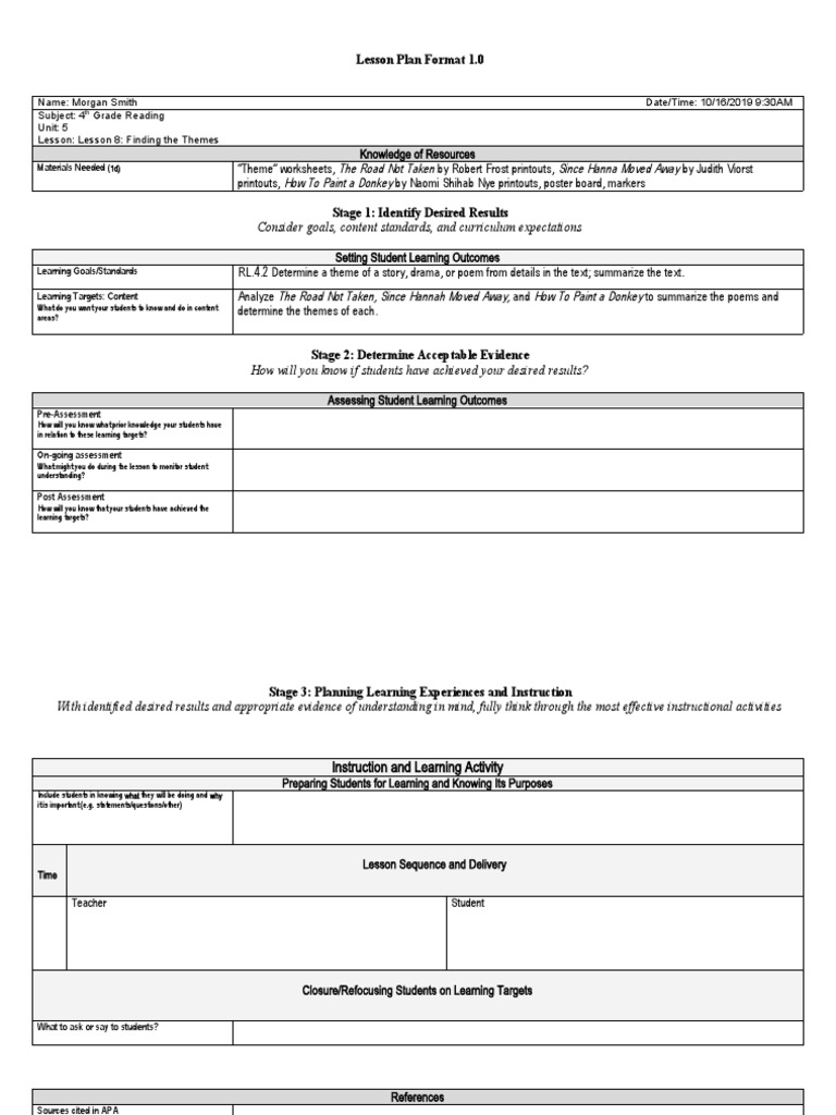 4th Grade Reading Theme Lesson Plan | PDF | Lesson Plan | Educational ...