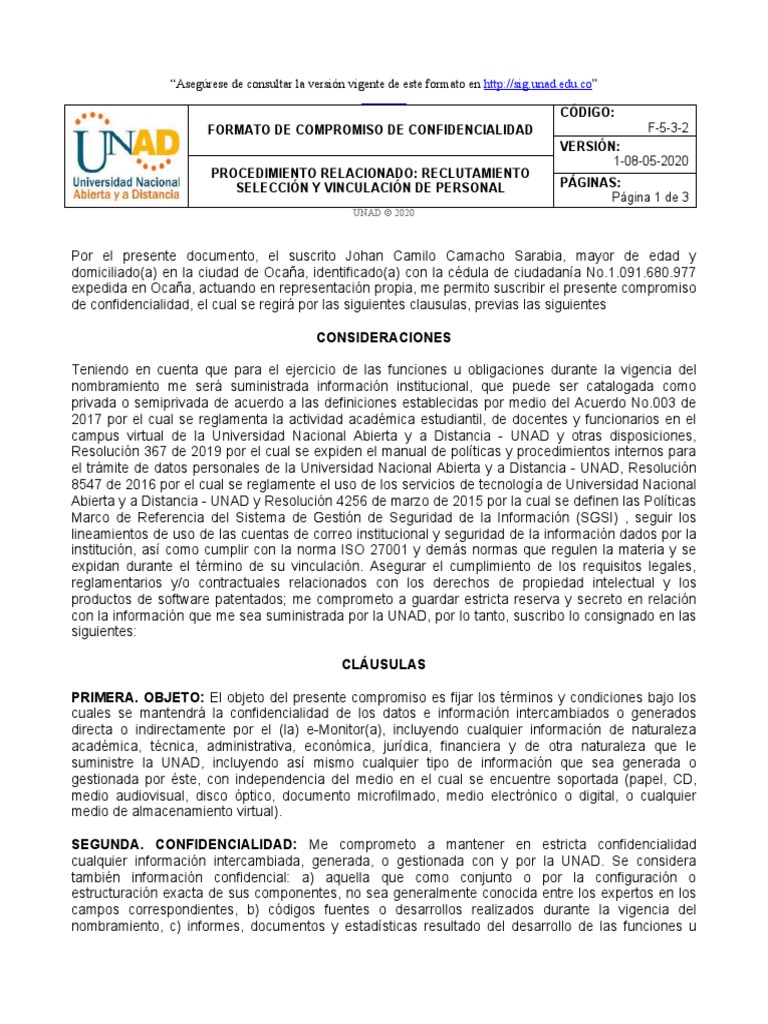 Acta de Confidencialidad (Mayor de Edad Actualizada) - F-5-3-2 | PDF ...