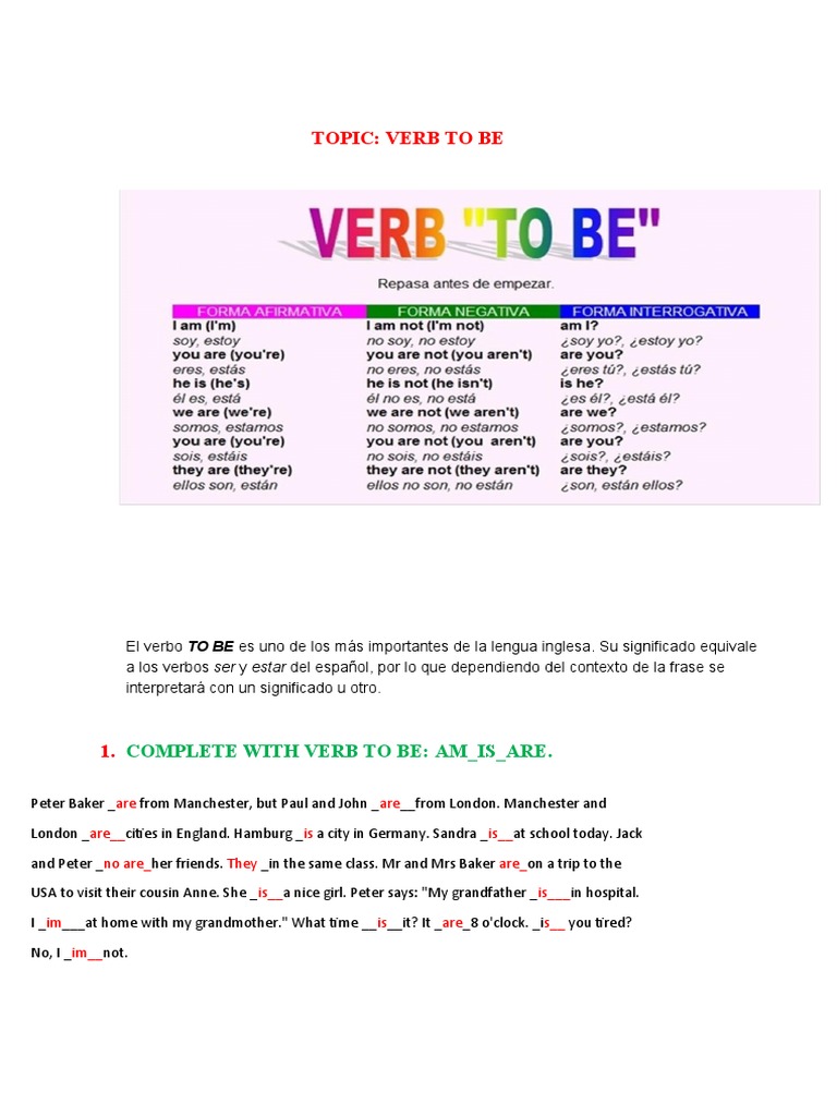 Complete With Verb To Be: Am - Is - Are | PDF