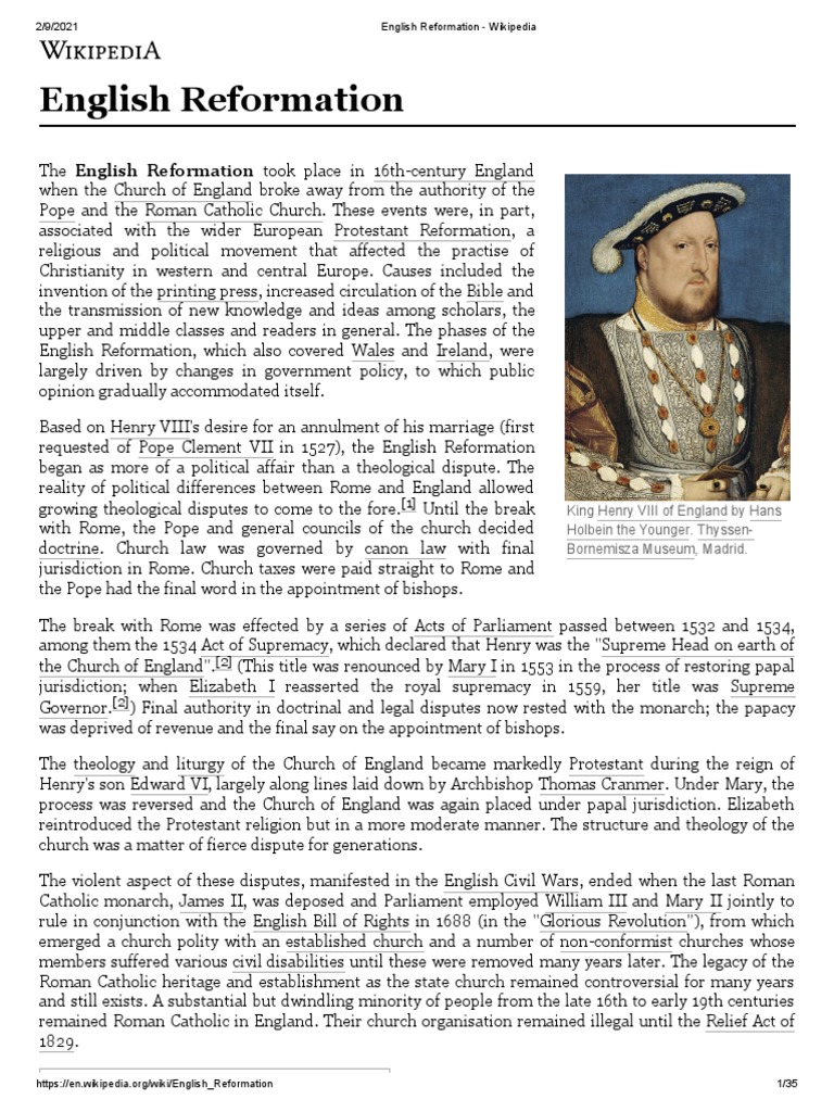 English Reformation - Wikipedia | PDF | Catholic Church | Protestantism