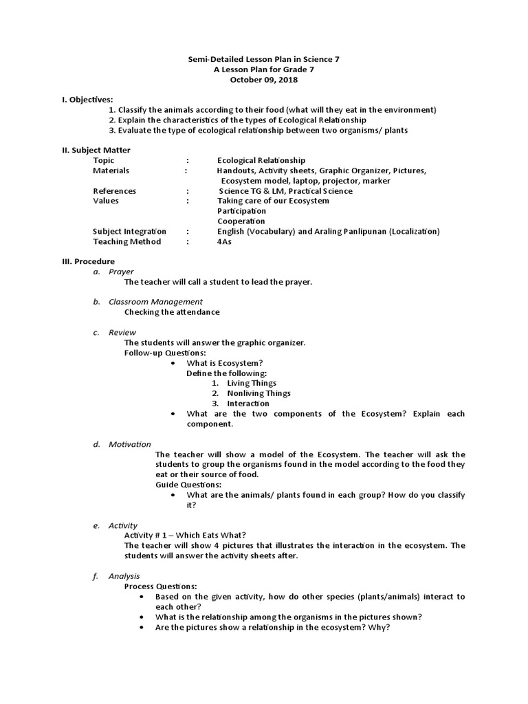 Semi-Detailed Lesson Plan in Science 7 A Lesson Plan For Grade 7 ...