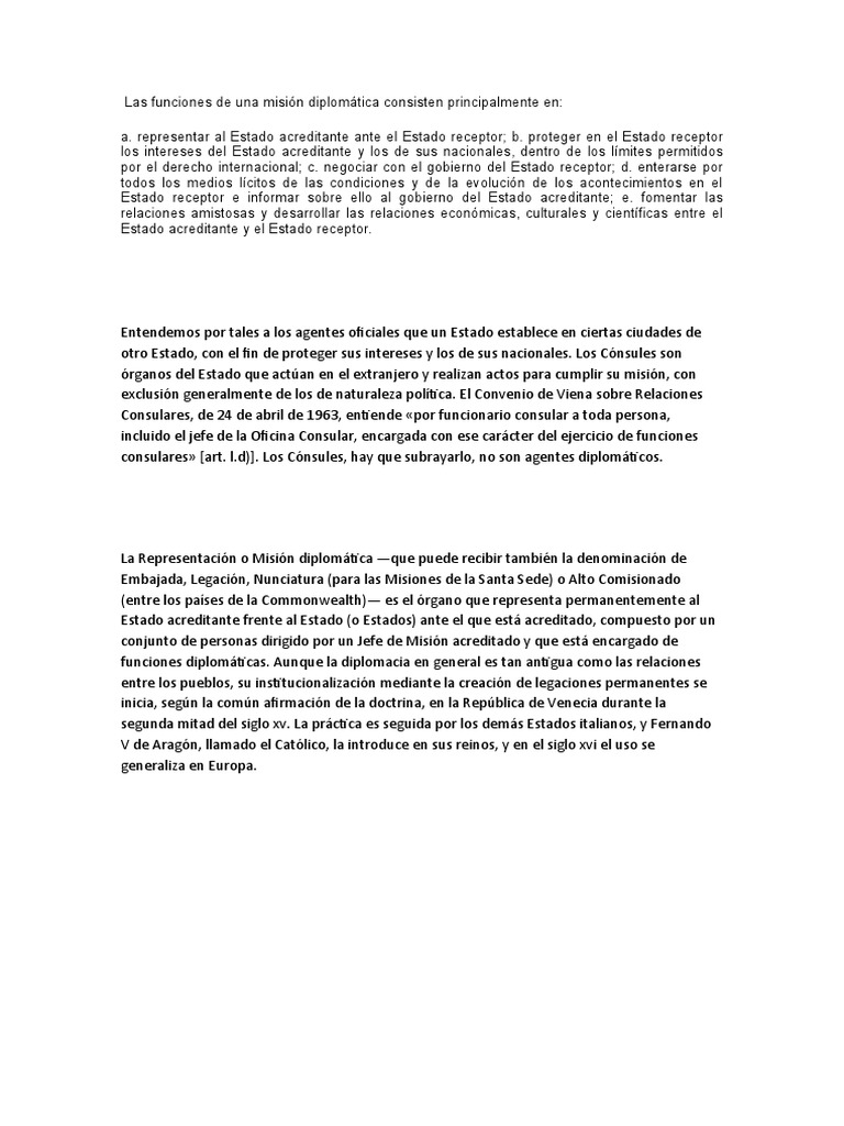 Las Funciones de Una Misión Diplomática Consisten Principalmente en | PDF